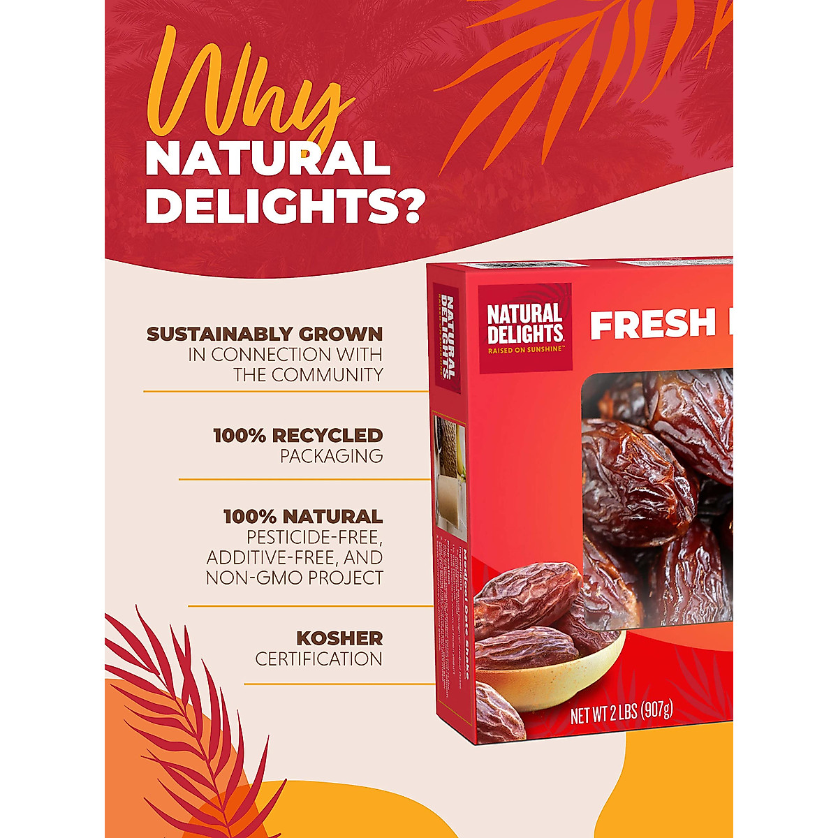 Natural Delights Dates – Large & Plump, Non-GMO Verified, Good Source of Fiber, Naturally Sweet Fruit Snack, Perfect for On-the-Go - Medjool Dates Whole, 2 lb Box