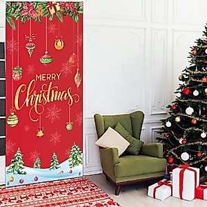 Merry Christmas Door Cover 35 x 71 Inch Christmas Ball Door Cover Backdrops Xmas Tree Door Cover Banner Christmas Balls Background Xmas snowflake Front Door Christmas Hanging Decorations (Red)