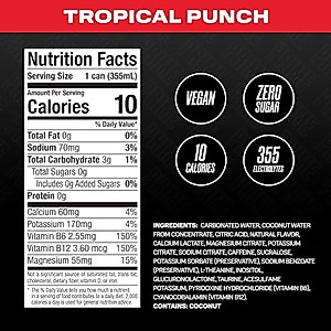 PRIME Energy TROPICAL PUNCH | Zero Sugar Energy Drink | Preworkout Energy | 200mg Caffeine with 355mg of Electrolytes and Coconut Water for Hydration| Vegan | Gluten Free |12 Fluid Ounce | 24 Pack