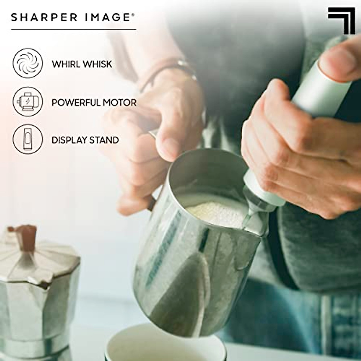 SHARPER IMAGE Electric Milk Frother with Stand & Drip Tray, Handheld Foam Maker with High-Powered Motor for Coffee Matcha Latte Frappe Cappuccino Hot & Cold Drinks, Premium Kitchen Accessory Gift