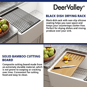 DeerValley 33 inch White Farmhouse Sink, Fireclay Farmhouse Kitchen Sink, Single Bowl Kitchen Sink, Front Apron Sink for Kitchen, Workstation Sink with Grid, Sink Strainer & Workstation Accessories