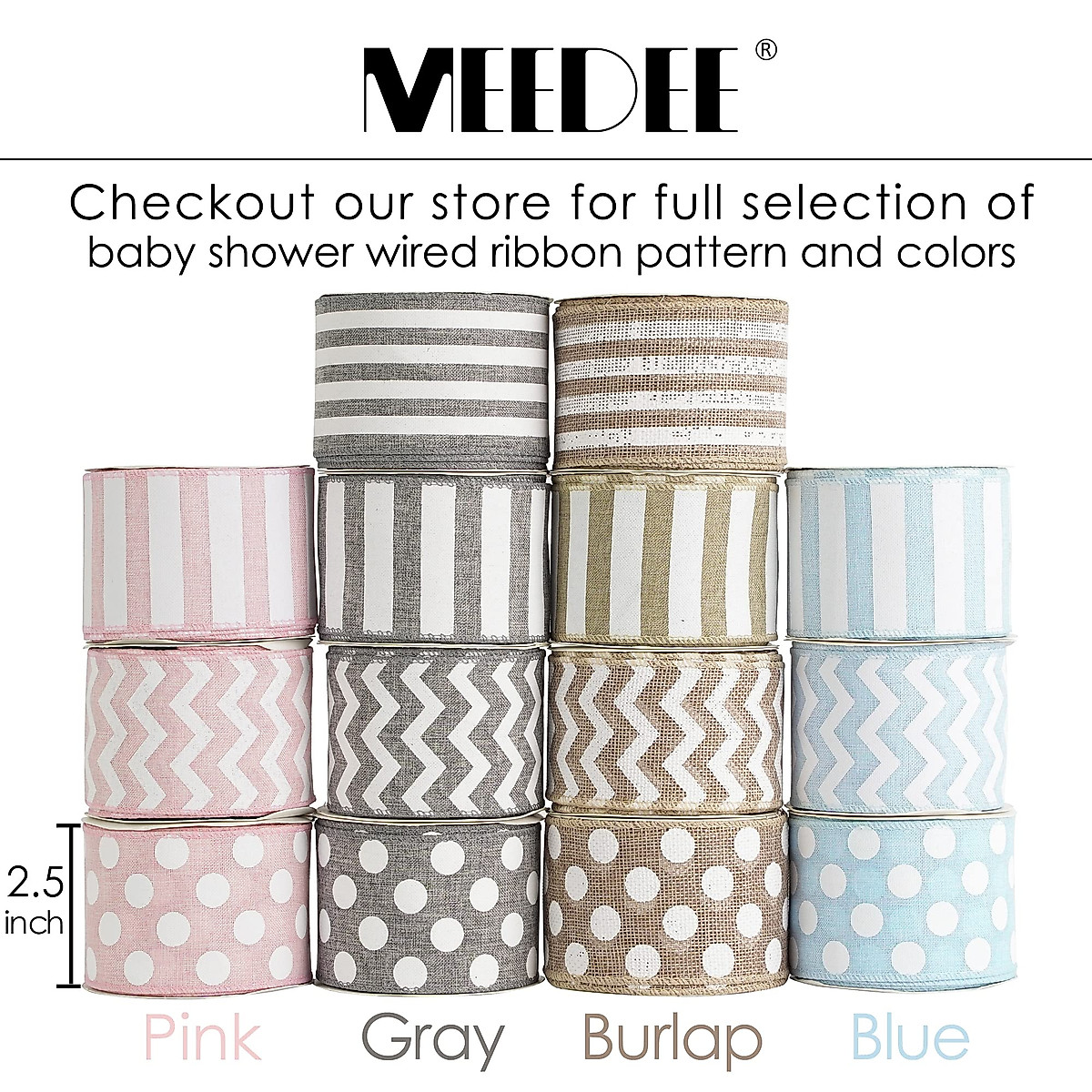 MEEDEE Burlap Wired Ribbon with White Stripe Burlap Ribbon 2.5 Inch Wired Ribbon for Cakes Gift Basket Bow Wreath Ribbon for Rustic Front Door Wreath Baby Shower Beach Farmhouse Decor, 10 Yards