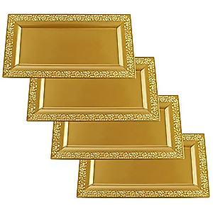 Yumchikel-Decorative Plastic Serving Tray & Platter Set (4pk)-Gold & lace Rim Disposable Serving Trays & Platters for Food - Weddings, Upscale Parties, Dessert Table, Cupcake Display - 14"x7.5" inches