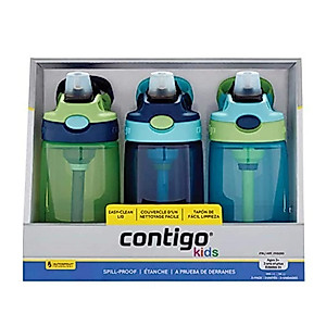 Contigo Kids Water Bottle, 14 oz with Autospout Technology – Spill Proof, Easy-Clean Lid Design – Ages 3 Plus, Top Rack Dishwasher Safe, 3-Pack, Green / Blue, blue green