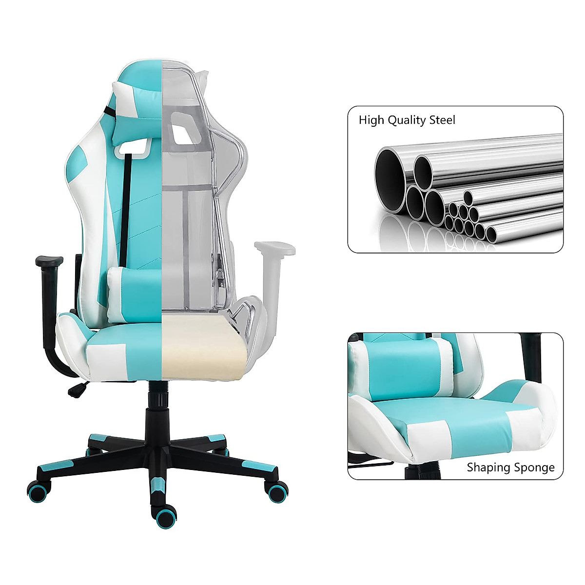 Modern-Depo High-Back Swivel Gaming Chair Recliner with Lumbar Support and Headrest, Height Adjustable Ergonomic Office Desk Chair, Blue White