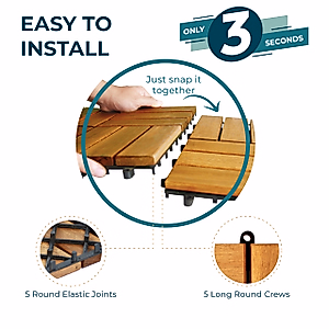 CLOVERHOLM 10Pcs Interlocking Deck Tiles - Waterproof 12”x12” Acacia Wood Tiles, Patio Tiles for Indoor and Outdoor, interlocking outdoor floor tiles, pavers, 12 Slats Checker Pattern (Natural, 12in)