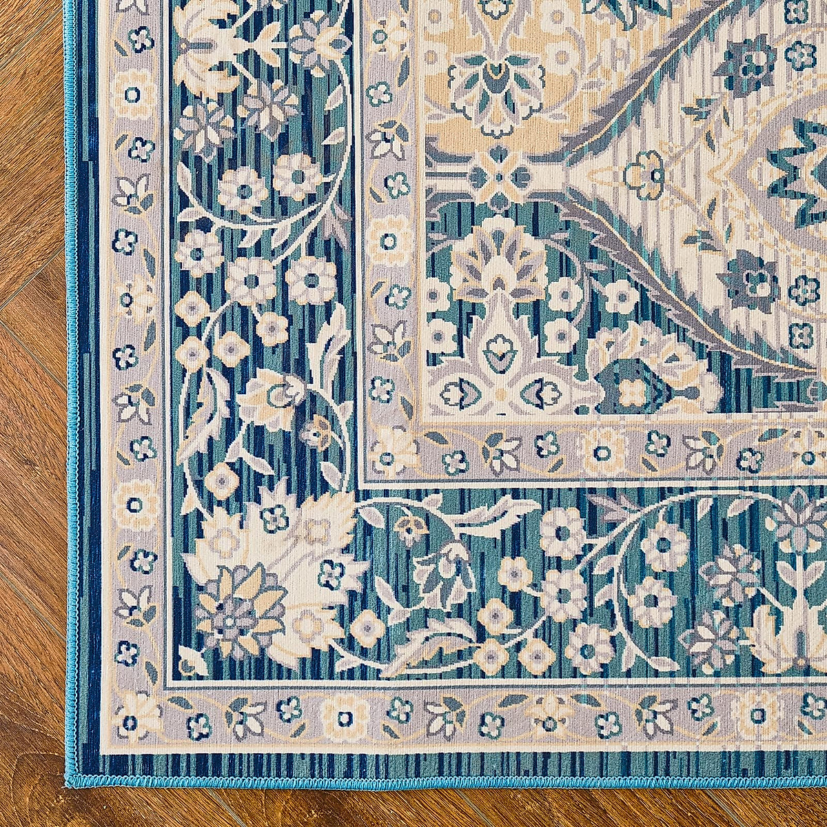 INGEROOM Area Rug 5x7 Machine Washable Area Rug Vintage Flodable Thin Large Area Rug with Non-Slip Backing for Living Room Bedroom, Bathroom, Kitchen 5x7 Area Rugs, Blue