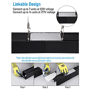 LEONLITE 4FT Linkable LED Linear Light Fixture, 3CCT 50W 6500LM Ultra Bright Downlight for 19.69ft High Ceiling, 120V-277V, 0-10V Dimmable, ETL, 3000K/4000K/5000K, Black Aluminum Housing, Pack of 4