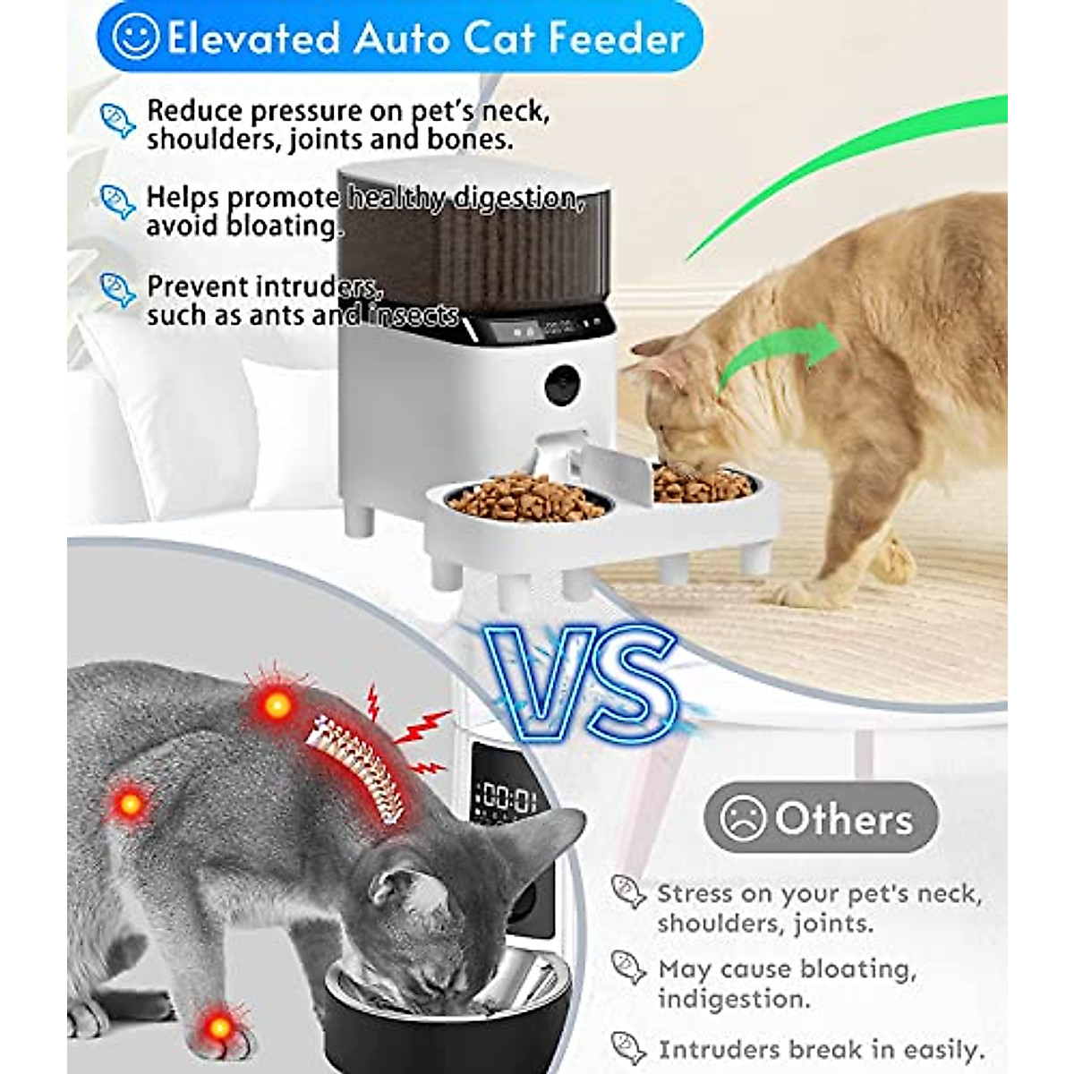 Automatic Cat Feeders with Camera,1080P HD Night Vision 2.4G WiFi 5L Pet Feeder,Height Adjustable Dog Dry Food Dispenser,Two Way Splitter & Three Stainless Bowls,10s Meal Call & Interaction (White)
