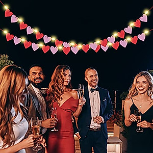 2 Pieces Heart Garland Banner for Valentines Day with Warm Led Lights Decorations Red Pink Heart Felt Banners Garland for Fireplace, Anniversary, Wedding, Engagement Party Home Decor (Style 3)