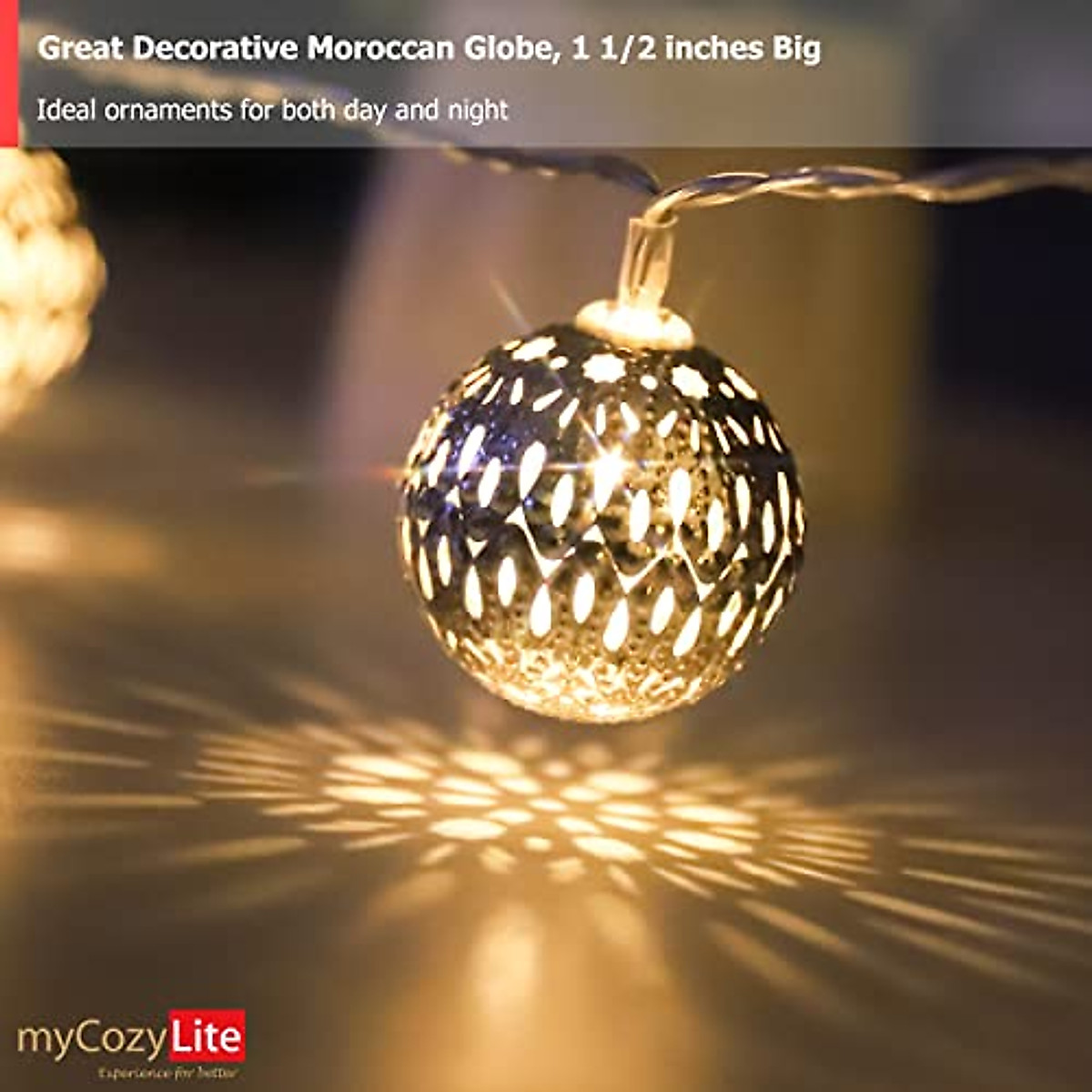 Moroccan String Lights Plug in 20 LED Globe Lights Silver Metal Balls for Wedding Party, Birthday, Christmas, Home Decor, Indoor Outdoor, 8 Functions, Timer, Unique Pattern, Connectable, 10 ft