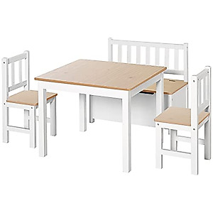 Qaba 4-Piece Kids Table Set with 2 Wooden Chairs, 1 Storage Bench, and Interesting Modern Design, Natural/White