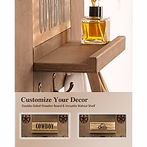 Cowboy Hat Holder for Wall with Shelf and 5 Hooks Western Cast Iron Hat Rack Rustic Wood Cowboy Hat Hanger for Entryway Closet Western Wall Decor Hat Hooks 25.6x11.8x6.5 in Men's Christmas Gift