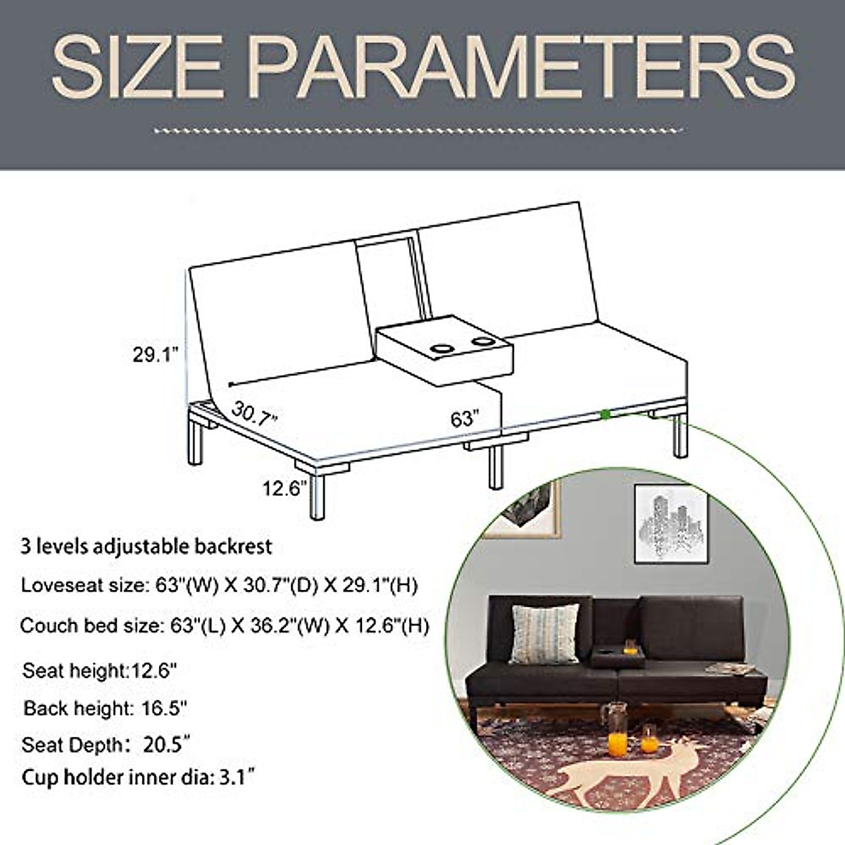 LOKATSE HOME Futon Sofa Bed Modern Faux Leather Couch Convertible Folding Recliner Living Room Furniture with 2 Cup Holders, Black