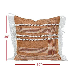 Foreside Home & Garden Orange Striped Woven 20x20 Outdoor Decorative Throw Pillow with Hand Tied Fringe, 20 x 20 x 5, Brown