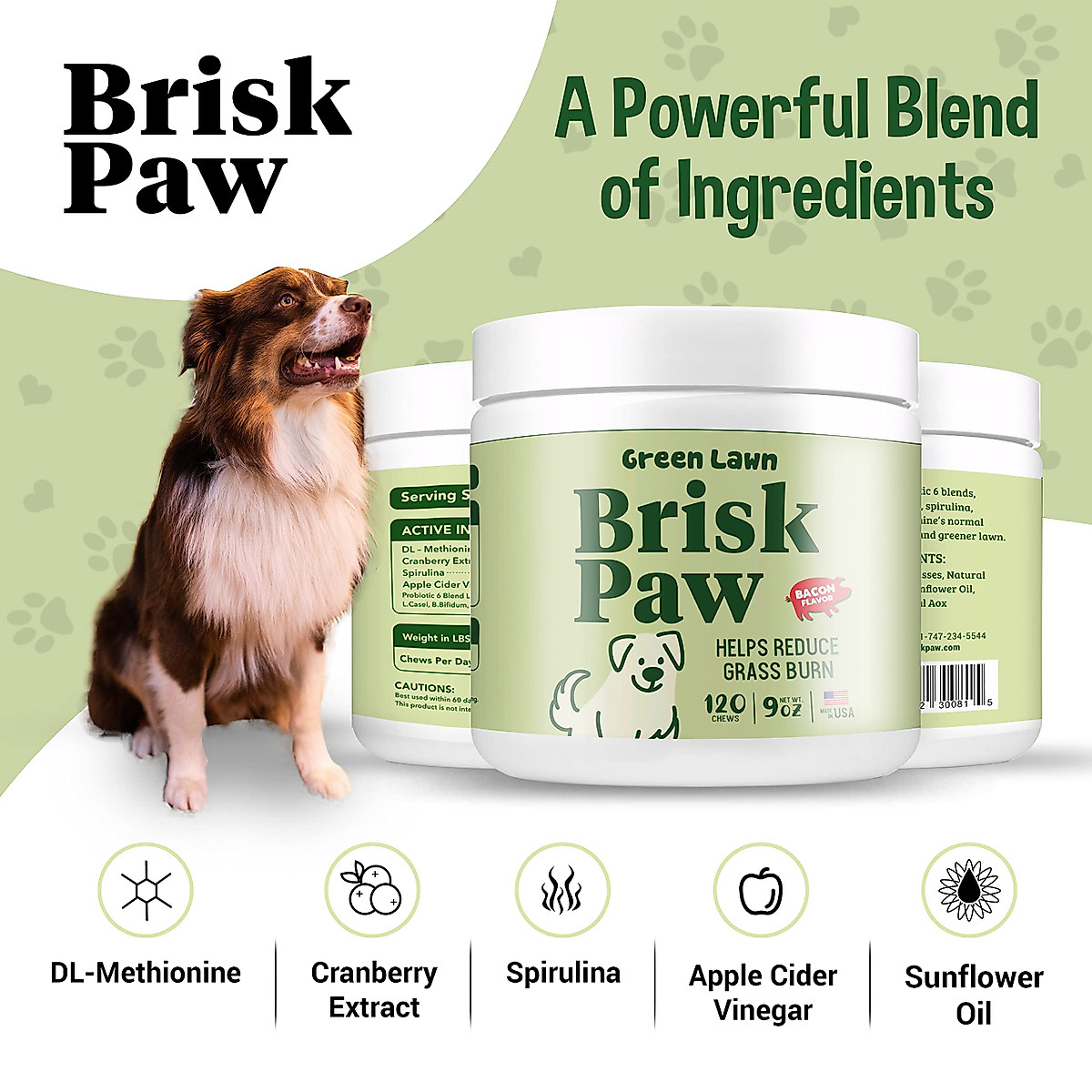 Brisk Paw Green Lawn Dog Vitamins and Supplements | Enriched with Dog Probiotic, Cranberry, and Spirulina | Dog Urine Neutralizer for Grass and Help Yellow Burn Spots | 120 Dog Chews