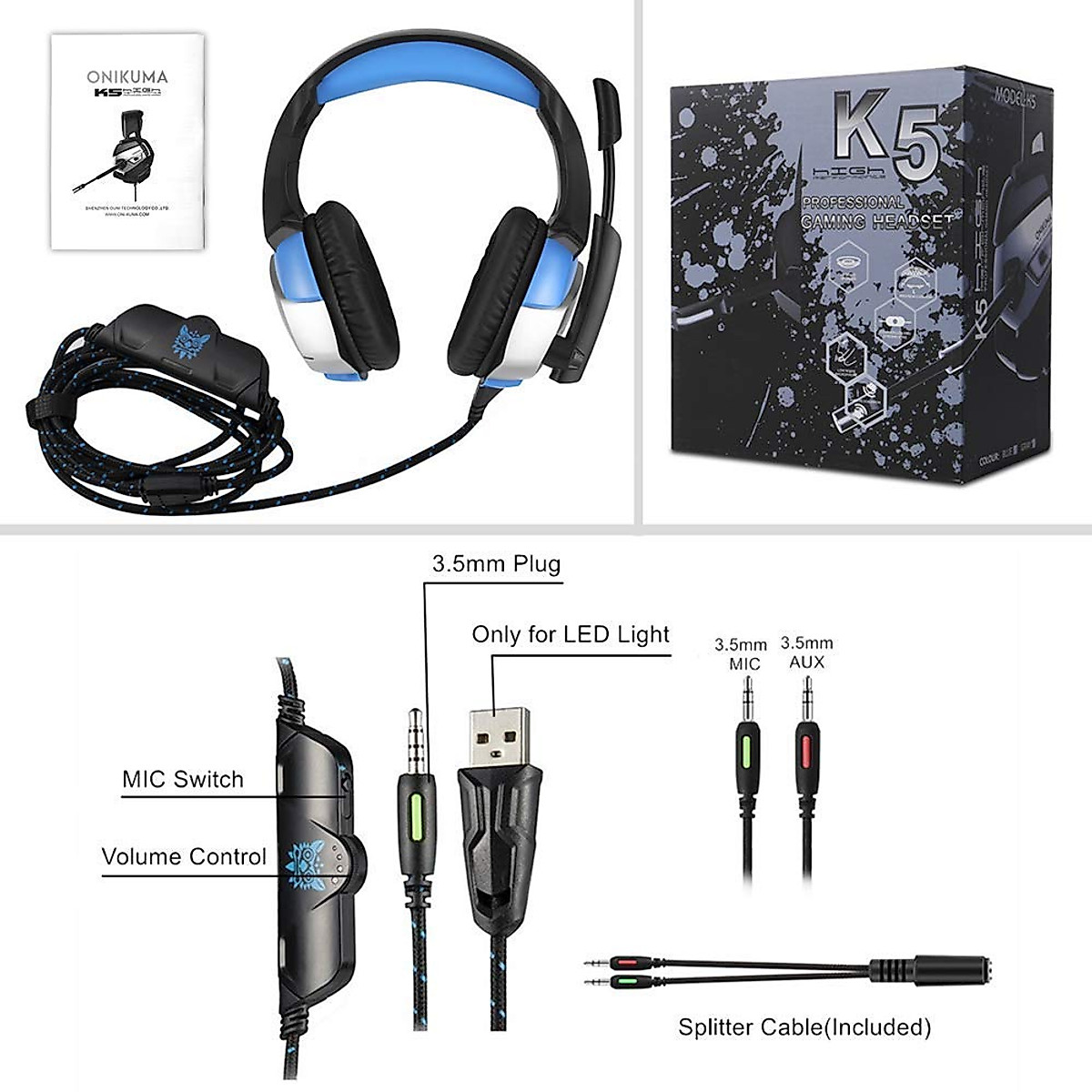 Gaming Headset for PS4 New Xbox one PC Mac Laptop,Onikuma K5 Professional 3.5mm Over Ear Headphones, Stereo USB Headset with LED Light, Noise canceling Mic & Soft Earmuffs for Games by Runying - Blue