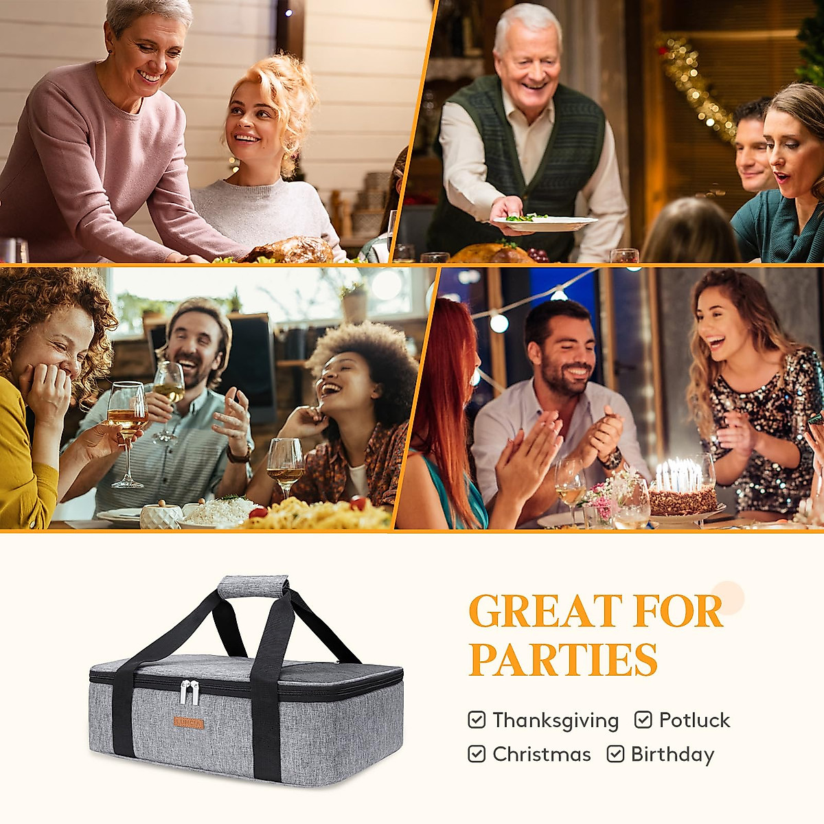 LUNCIA Insulated Casserole Carrier for Hot or Cold Food, Lasagna Lugger Tote for Potluck Parties/Picnic/Cookouts, Fits 9"x13" Baking Dish, Grey