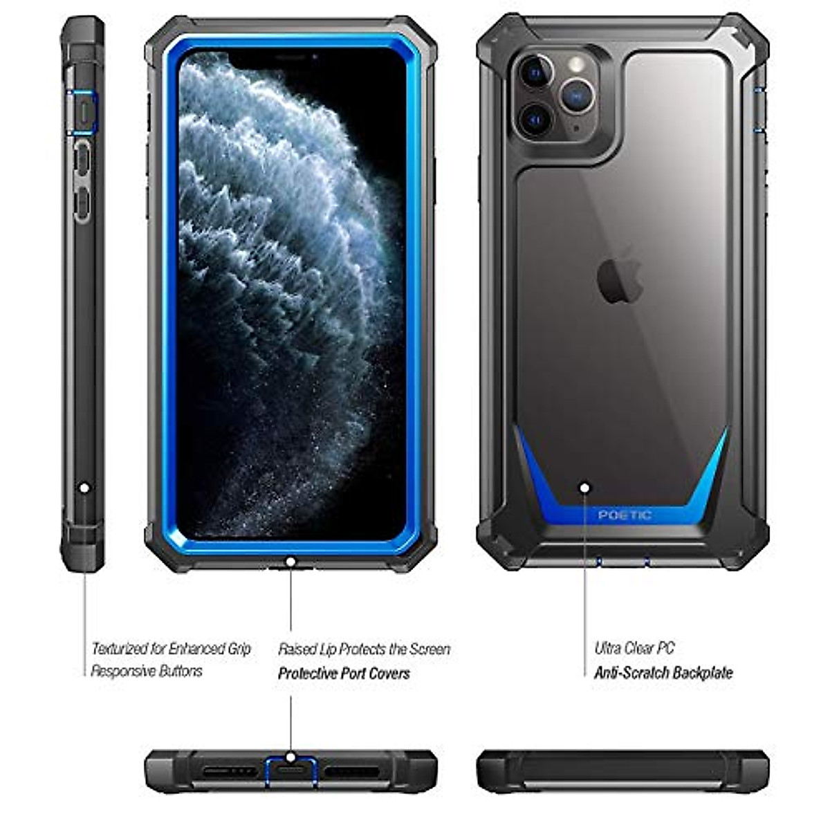 iPhone 11 Pro Case, Poetic Full-Body Hybrid Shockproof Rugged Clear Bumper Cover, Built-in-Screen Protector, Guardian Series, Case for Apple iPhone 11 Pro (2019) 5.8 Inch, Blue/Clear