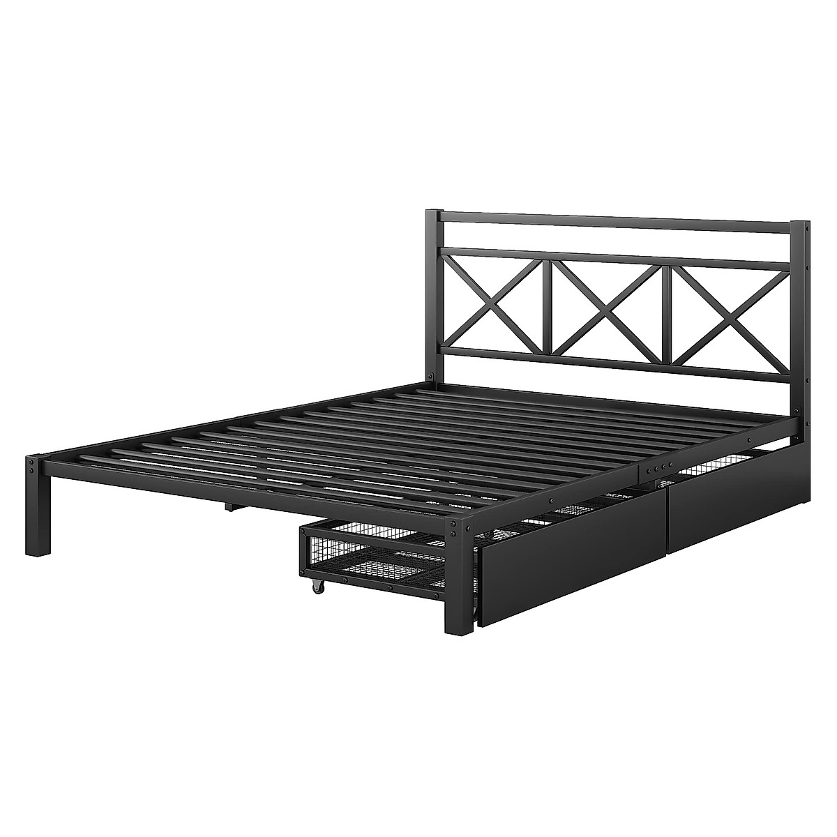 Bellemave Queen Bed Frame with 2 Storage Drawers, Queen Size Metal Platform Bed with Headboard, Noise-Free, No Box Spring Needed, Black, Black With Drawers