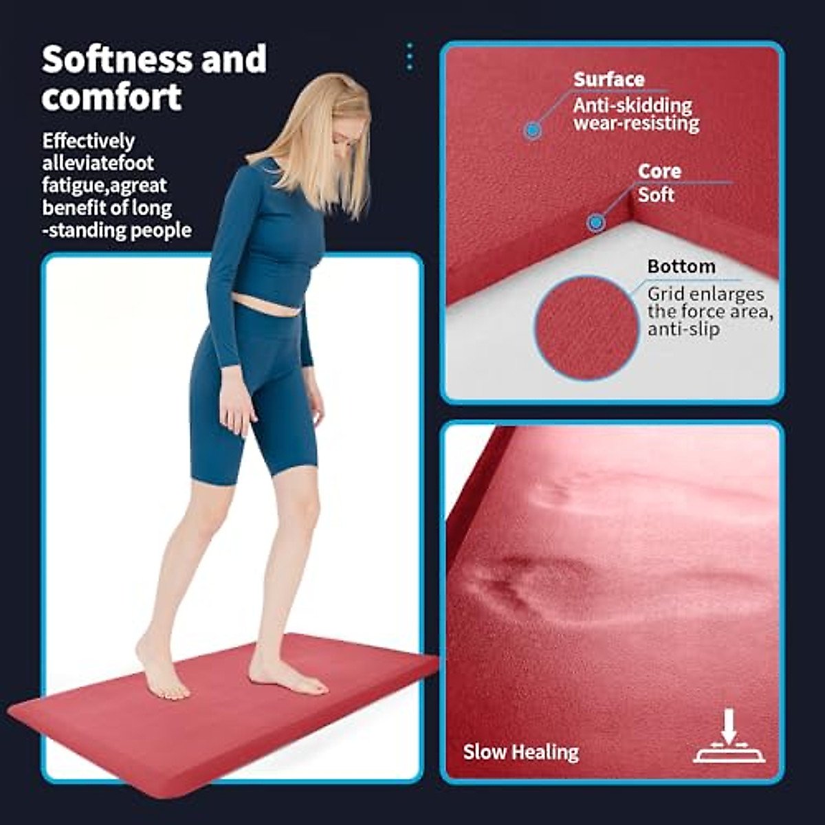 Art3d Anti Fatigue Mat - 1/2 Inch Cushioned Kitchen Mats - Comfort & Non Slip Cushion for Standing Desk, Office or Garage Floor (17.3"x28", Red)