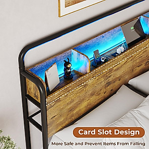 DICTAC Queen Bed Frame with Storage Headboard and Charging Station Metal Platform Bed Frame with Led Lights Queen Size Led Bed Frame with 4 Drawers,No Box Spring Needed, Noise-Free, Rustic Brown