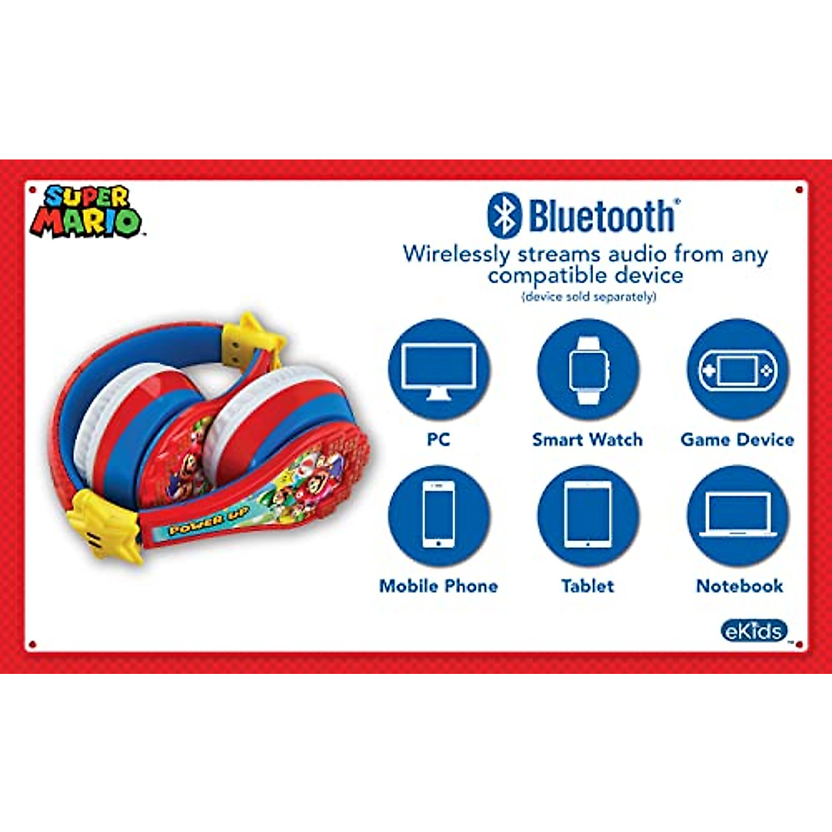 eKids Super Mario Wireless Bluetooth Portable Kids Headphones with Microphone, Volume Reduced to Protect Hearing Rechargeable Battery, Adjustable Kids Headband for School Home or Travel