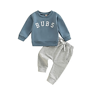 Baby Boy Clothes Outfits 2pcs Letter Print Crewneck Sweatshirt Pants Sweatsuit Little Boy Clothing(Bubs Blue, 6-12 Months)