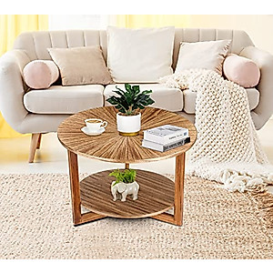 Coffee Tables for Living Room, Small Round Coffee Table with Storage, Mid Century Modern Solid Wood Coffee Table, Rustic Wooden Circle Center Table Living Room Furniture, Brown Tea Table