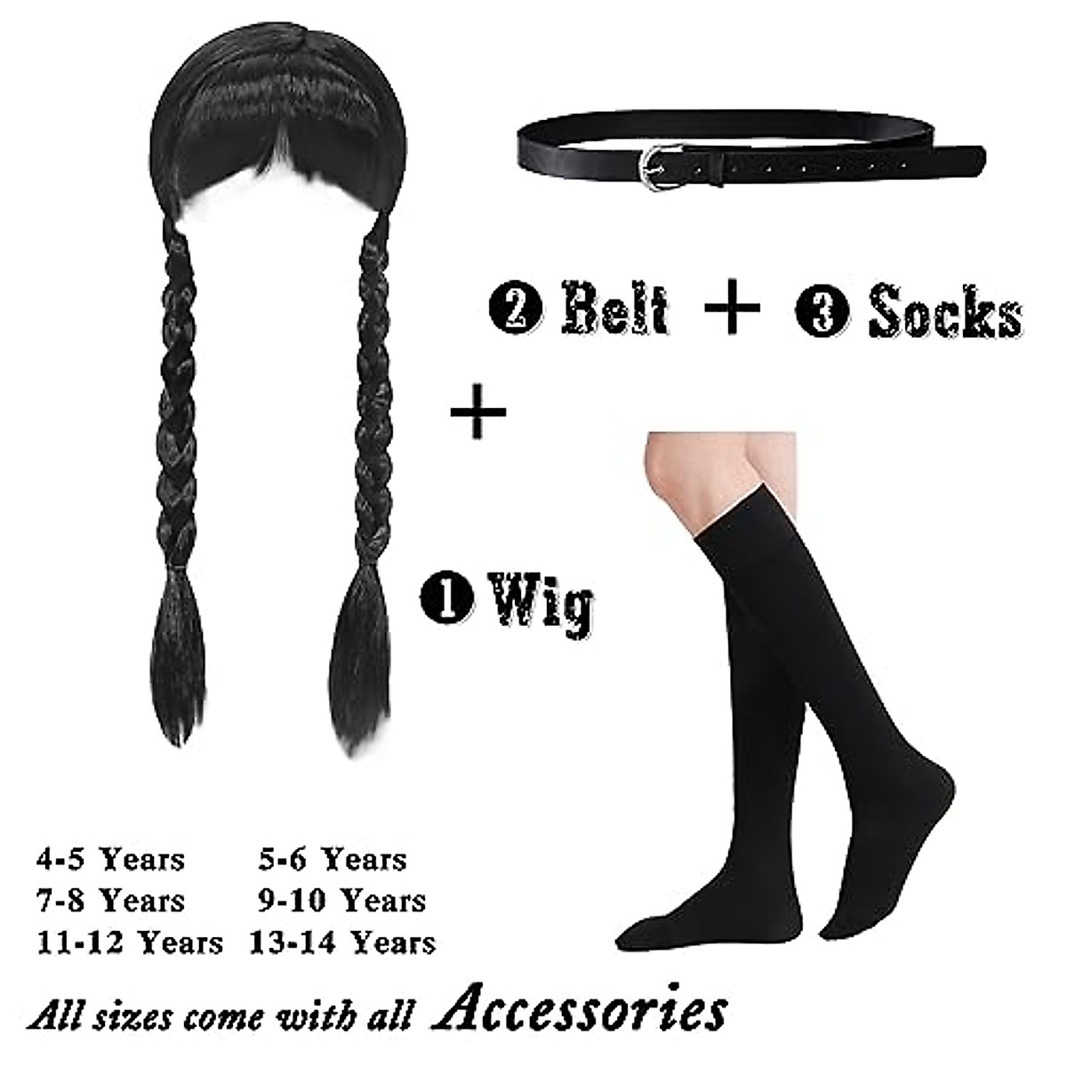 GRIVOS Black costume Girls dress for Kids Black Outfit Halloween Costumes Cosplay Party with belt wig socks 4-14Y