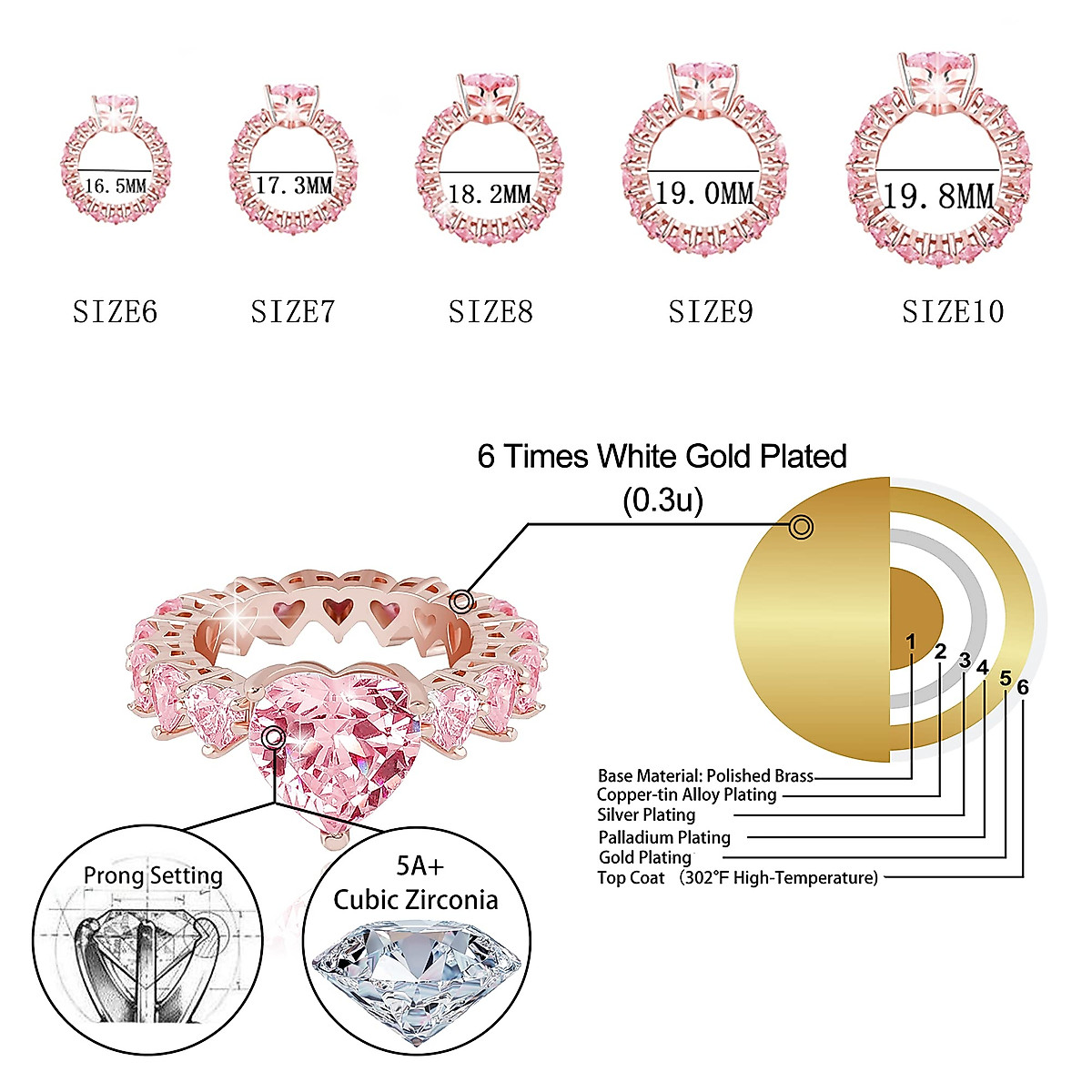 TOPGRILLZ Pink Heart Baguette Rings 14K Gold Silver Plated 5A+ Cubic Zirconia Iced Out Bling Promise Wedding Band Love Rings For Women Fashion(Rose Gold, 8)
