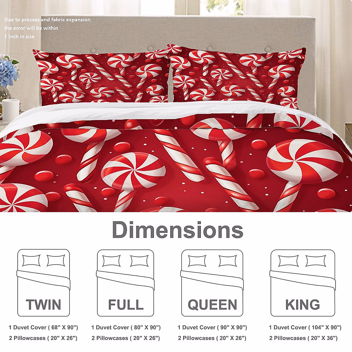 BaoNews Candy Cane Candle Duvet Cover Set Full Size,3 Pieces Winter Red Christmas Candy Bedding Set Hotel Quality 100% Cotton Comforter Cover Set with 2 Pillowcases(No Filler)