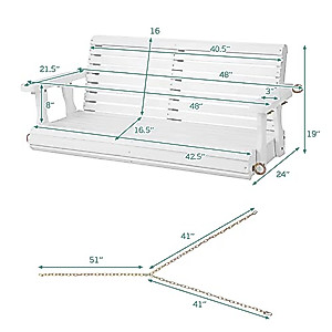Giantex Wooden Porch Swing 2 Seat - Outdoor Swinging Chairs with Hanging Chains, 600 lbs Weight Capacity, 4 FT Finished Fir Wood Bench Swing for Patio, Outside, Garden, Lawn, Backyard (White)