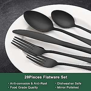 20 Pieces Black Silverware Set, AIKWI Stainless Steel Cutlery Flatware Set, Kitchen Tableware Utensils Set with Knife Spoon Fork, Dishwasher Safe & Mirror Polished- Ideal for Home Party Wedding