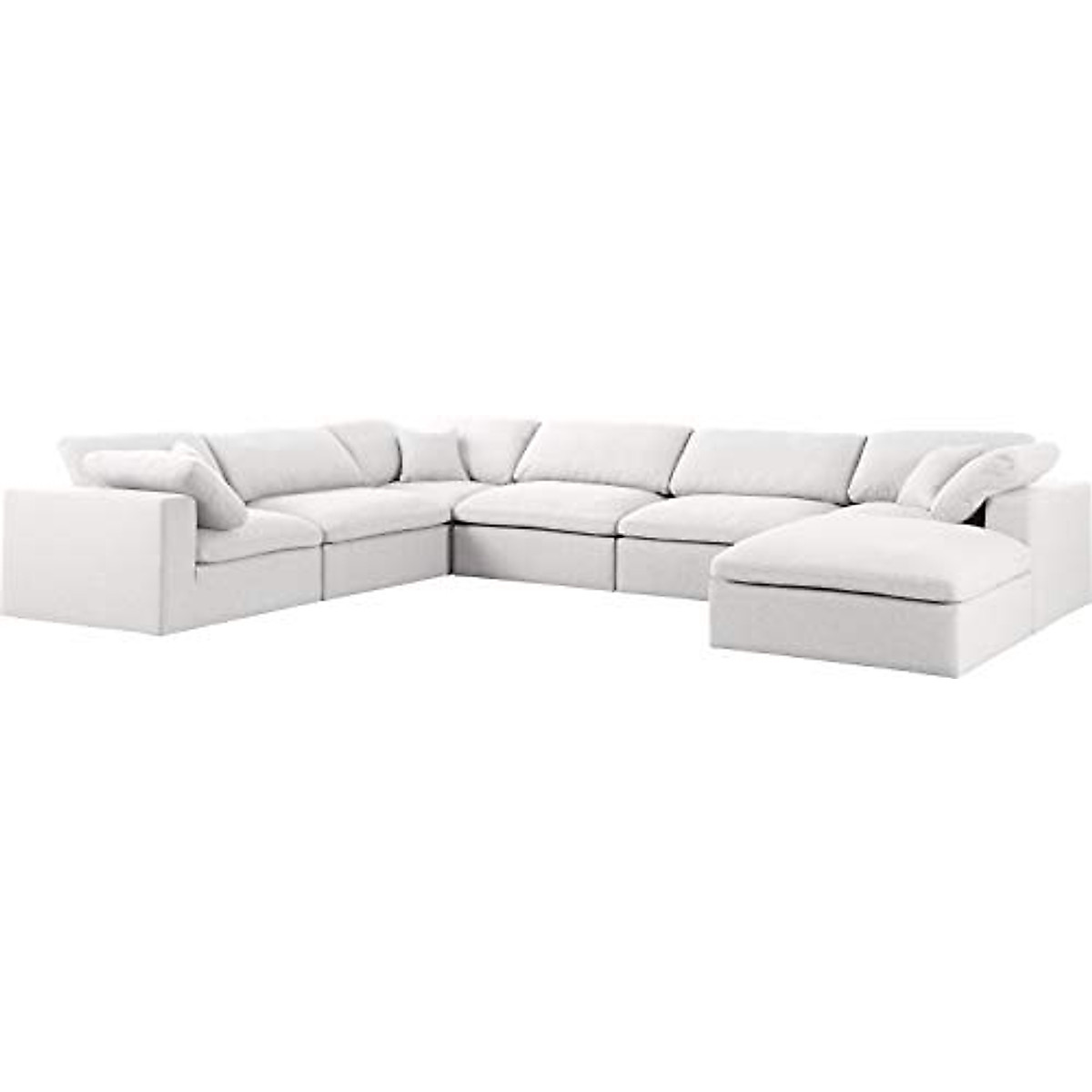 Meridian Furniture Serene Collection Modern | Contemporary Deluxe Comfort Modular Sectional, Soft Linen Textured Fabric, Down Cushions, 3 Corner + 3 Armless + 1 Ottoman, Cream