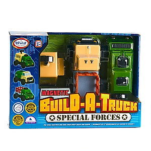 POPULAR PLAYTHINGS Magnetic Build A Truck Special Forces Toy Play Set, 5 Piece Mix and Match Vehicles, Racecar Party Favors and Cars Goodie Bag Fillers