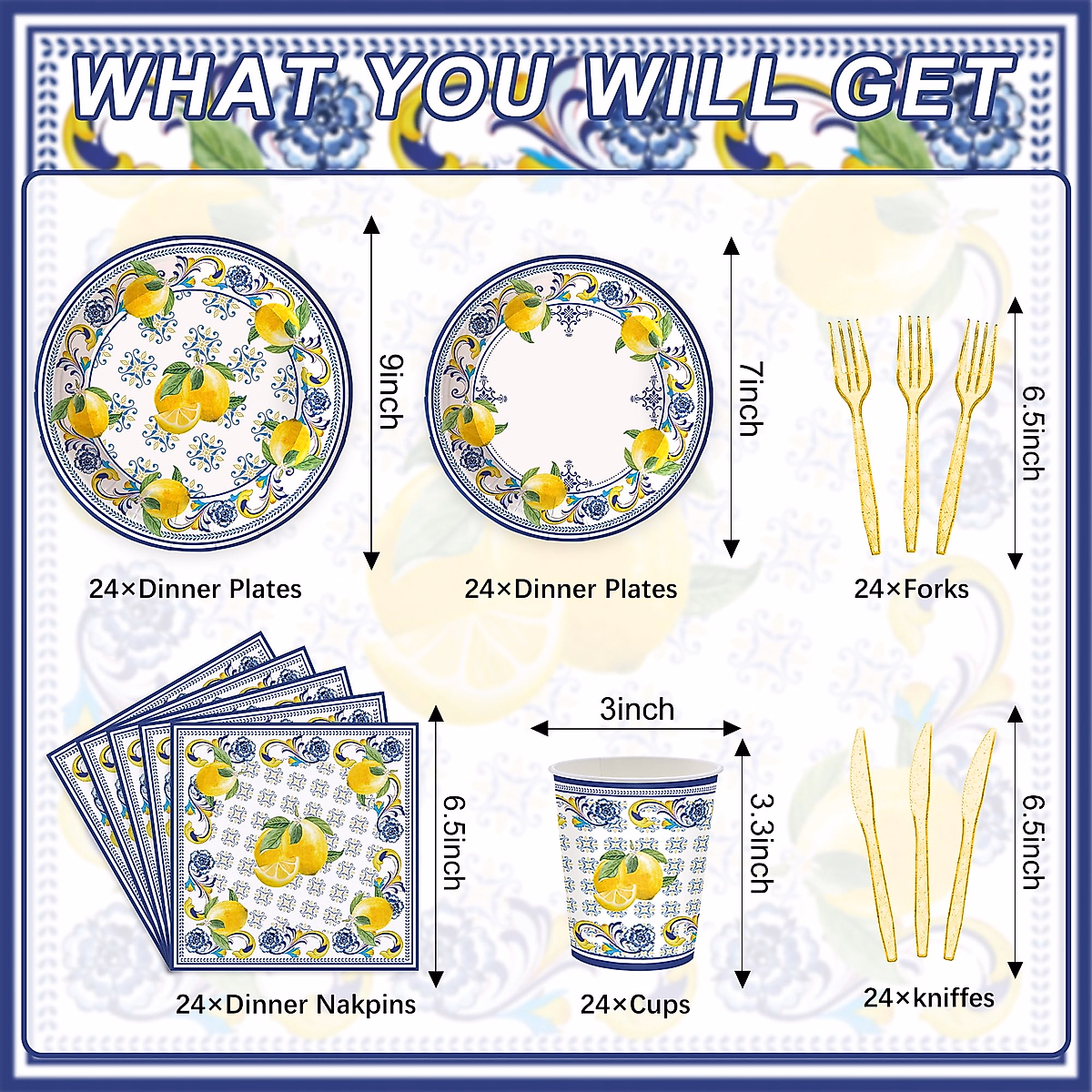 120PCS Capri Lemon Party Supplies for Baby Showe Bridal Shower Wedding Summer Citrus Fruit Themed Birthday Party Decor Italy Yellow Lemon Tableware Disposable Paper Plates Napkins Forks for 20 Guests