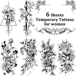 Cerlaza Large Temporary Tattoos Women with Sexy Rose Peony, Waterproof Temp Tattoo Body Art Stickers for Arm Back, Black Fake Tattoos That Look Real and Last Long for Women Girls Adult - 6 Styles