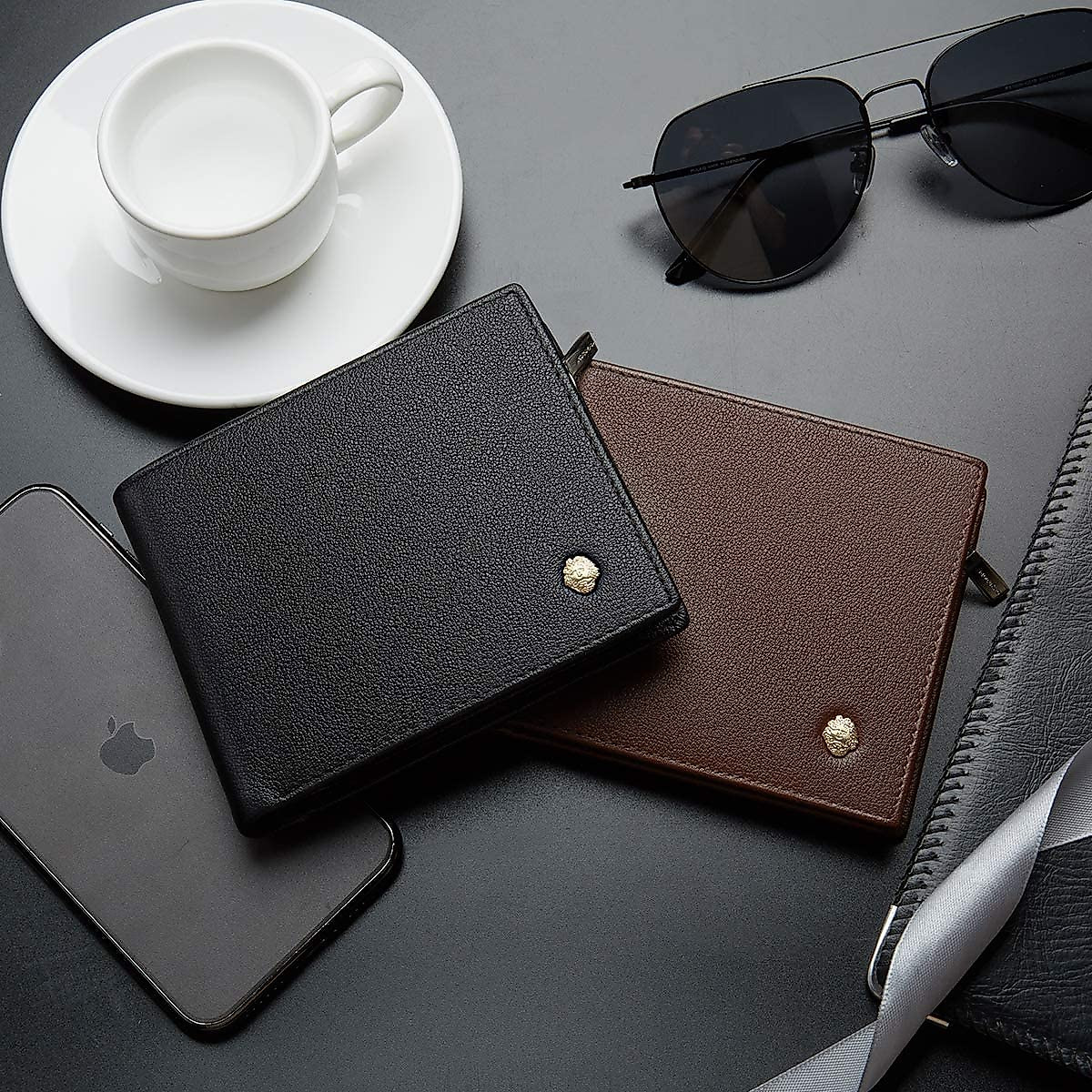 LAORENTOU Genuine Leather Wallets for Men Short Billfold Wallet with Zipper Pocket Mens Clutch Wallet Purses Credit Card Holders Gift for Father Day (01 Brown)