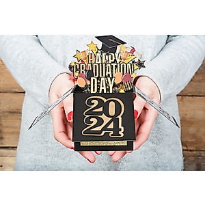 POPGIFTU 2024 Graduation Pop Up Card, Black Gold Pop Up Congrats Grad 2024 Greeting Card with Envelope, Congratulations Graduation Gifts for 2024 High School College University Graduates
