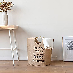 Laundry Basket Organizer Collapsible Waterproof Burlap Foldable Laundry Sorter Hamper Bin Basket for Clothes With Bamboo Handles (Brown, 19.3"(H) x 15.0" (D))