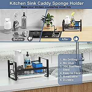 Kitchen Sink Caddy Sponge Holder, 304 Stainless Steel Sink Tray Drainer Rack, Soap Brush Dispenser, Countertop or Adhesive Sponge Holder Organizer for Sponge Dish Brush Soap with Removable Drain Tray