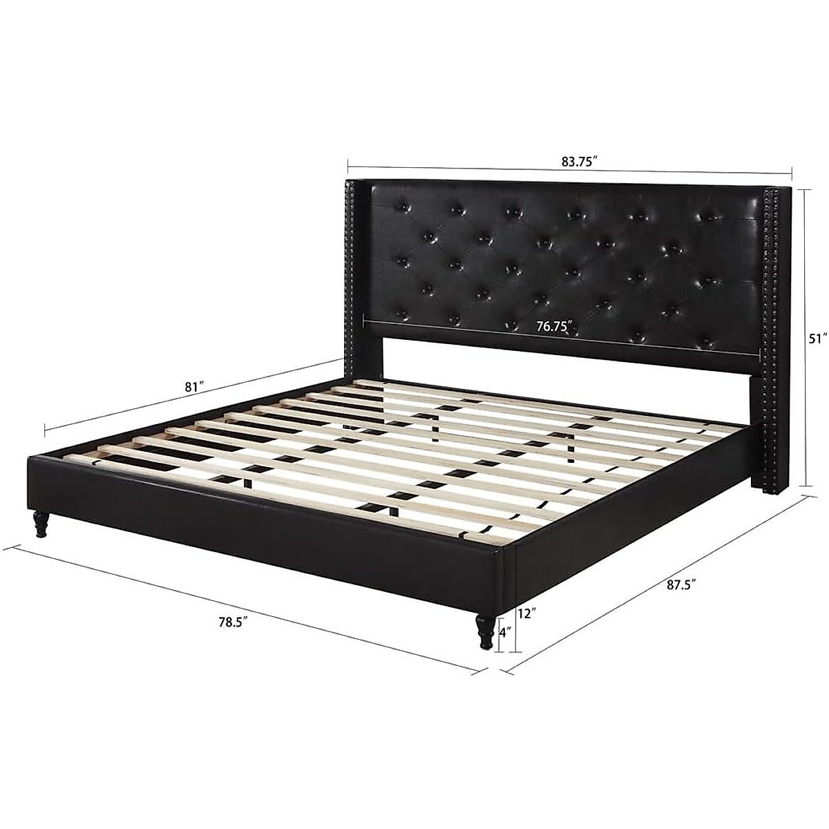 King Upholstered Platform Bed Frame with 51" Tall Headboard - Button Tufted Leather Bed - Wood Slat Support with Storage Space - No Box Spring Needed - Easy Assembly - Black - Oliver & Smith Astor