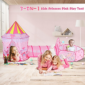 LOJETON 3pc Princess Fairy Tale Kids Play Tent, Oval Crawl Tunnel, Ball Pit for Toddlers, Indoor Outdoor Playhouse Castle Toys, Baby Boys Girls for 3 4 5 6 7 Years Old (Balls Not Included)