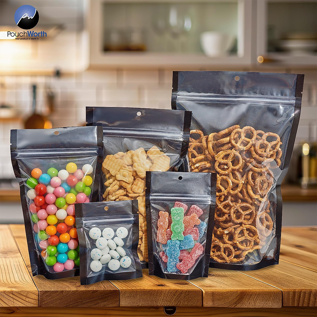 100 Pack 5"x8" Mylar Clear/Black Nylon Resealable Stand Up Bags Heat Seal Zipper Lock Reusable Storage Pouches for Zip Food Storage Lock Packaging with Tear Notches