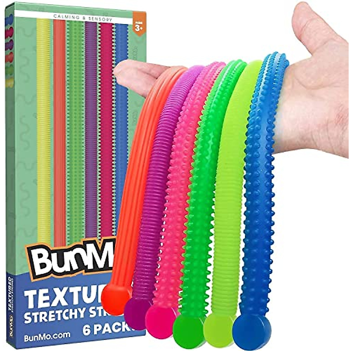 BUNMO Stretchy Sensory Toys Super Bundle - 6 Original Stretchy Strings & 6 Textured Fidget Toys (12 Strings)