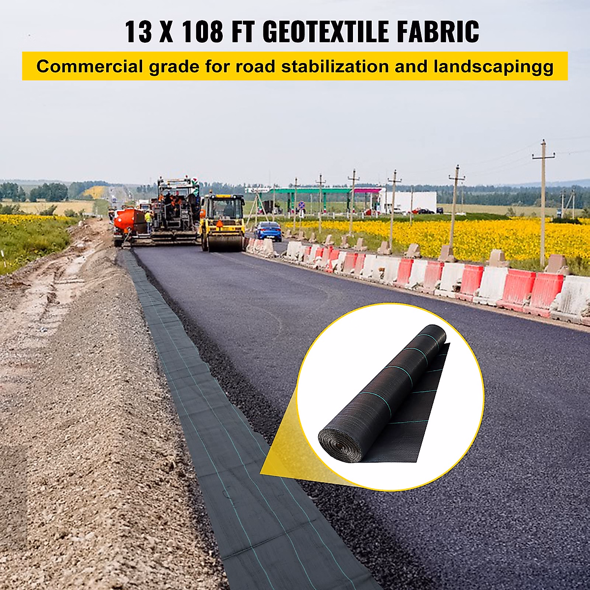 Happybuy Driveway Fabric, 13x108ft Commercial Grade Landscape Fabric, Garden Weed Barrier Fabric Heavy Duty, Geotextile Fabric Underlayment Gravel, Ground Cover Drainage Fabric, Weed Control Blocker