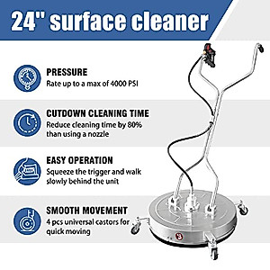 JANZ 24" Pressure Washer Surface Cleaner with 4 Wheels,Dual Handle,Stainless Steel Housing, 4 Replacement Nozzle Cores and 2 Hose Adapters,Ideal for Driveways, Sidewalks,Patios,Decks Cleaning