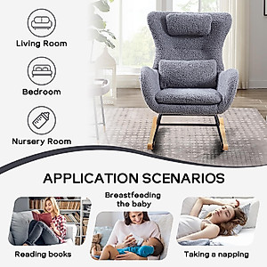NIOIIKIT Nursery Rocking Chair, Teddy Upholstered Glider Rocker with Headrest and Lumbar Pillow, High Backrest Rocking Accent Chair with Side Pocket, Comfy Armchair for Living Room (Grey)