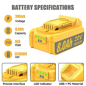 JUNWOOD 2Pack 8.0Ah MAX Lithium Replacement for Dewalt 20V Battery with 20 Volt Dual Port Battery Charger DCB200 DCB201 DCB204 DCB206 DCB207 DCD/DCF/DCG XR Series